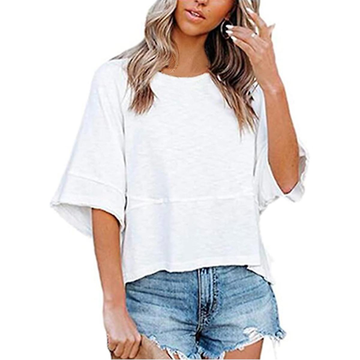 Aisongyuan Womens Fashion T-Shirt Crewneck 3/4 Sleeves Solid Color Loose Basic Tops Summer Casual Tees Blouses(White,XXL)