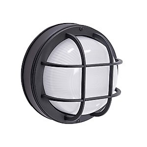 CORAMDEO Outdoor 8” Round LED Nautical Bulkhead Light, Flush Mount for Wall or Ceiling, Wet Location, 75W of Light, 900 Lumens, 3K, Black Cast Aluminum with Frosted Glass Lens