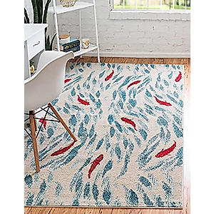 Unique Loom Positano Collection Coastal Modern Bright Colors Fish Beige Area Rug (5' x 8')
