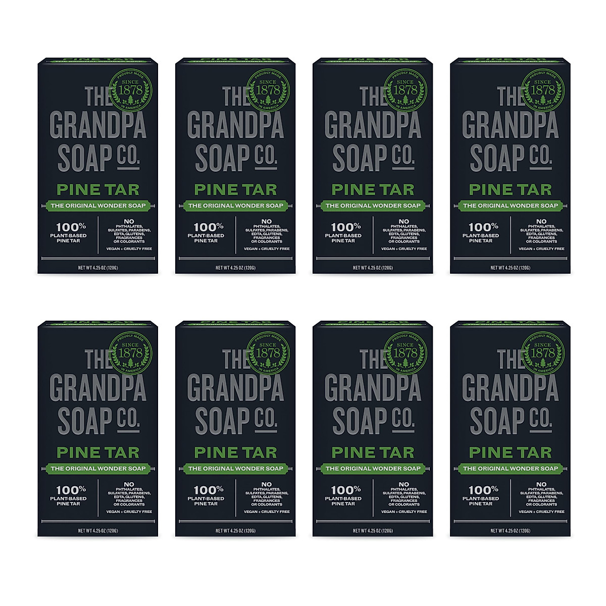 The Grandpa Soap Company Pine Tar Bar Soap for Men- Made With Pine Tar Oil, 3 in 1 Cleanser Deodorizer and Moisturizer, Dermatologist Tested, Safe for Sensitive Skin, 4.25 Oz, 8 Pack