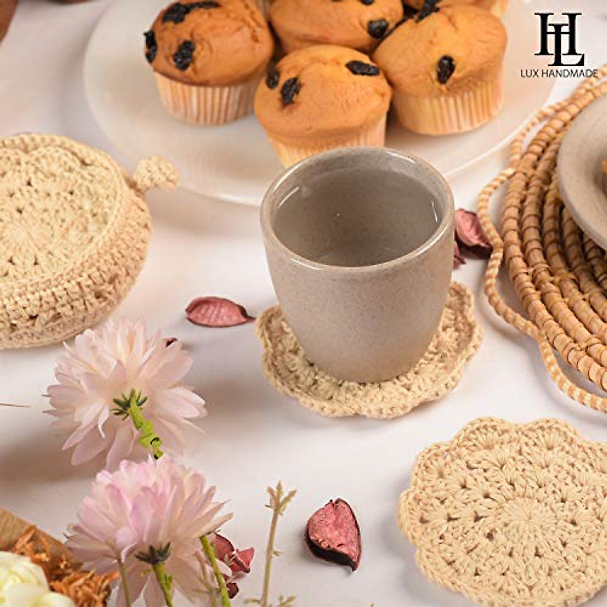 Crochet Doilies 4 Inch Coaster Set, Doily Crochet Coasters Set with Holder, Dollies Crochet Coasters for Wedding Decorations, Outdoor Coasters for Patio Table, Pack of 7, Beige