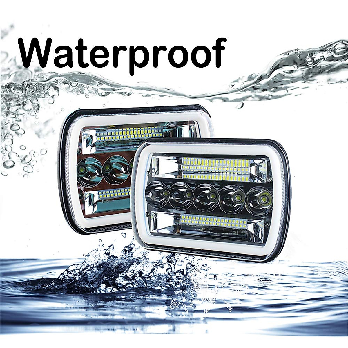 AMUNIESUN Super Bright Pair 7x6 5x7 Headlights 6052 6054 H5054 H6054 Hi/Low Sealed Beam White/Amber Halo Compatible With Ford E250 E350 E450 E150 F550 F600 F650 F700 F750 GMC Savana Chevy Express