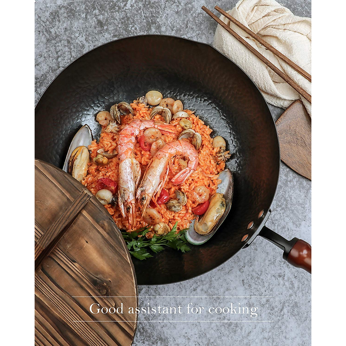 BIELMEIER Wok Pan 12.5", Woks and Stir Fry Pans with lid, Carbon Steel Wok with Cookware Accessories, Wok with Lid Suits for all Stoves(Flat Bottom Wok)