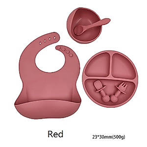 Silicone Baby Plate Feeding Bowl Set 6 Pack Feeding Supplies For Toddler Utensils Silicone Feeding Set With Bib, Spoons, Bowl, Baby Plate Dishwasher-safe Feeding Kit (set-red)
