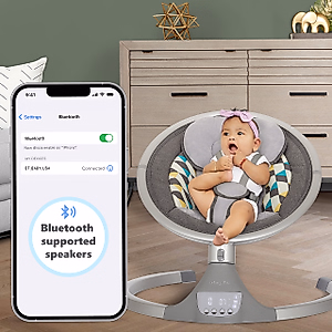 Dream On Me Zazu Baby Swing, Baby Swing for Infant, 5 - Swinging Speed, Two Attached Toys, Bluetooth Enabled and Remote Control, Grey and Blue