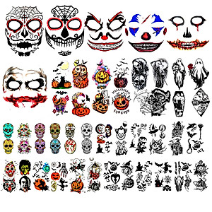 Yazhiji 42 Sheets Halloween Temporary Tattoo Family Set Day of Dead Pumpkin Ghost for Women Black Fake Death Skull Skeleton Tatoos for Men Boy and Girl, Halloween Zombie Makeup Tattoo Kit