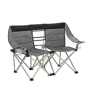 EasyGo Product Camping Chair - Double Love Seat Heavy Duty Oversized - Folds Easily and is Padded, Black Grey