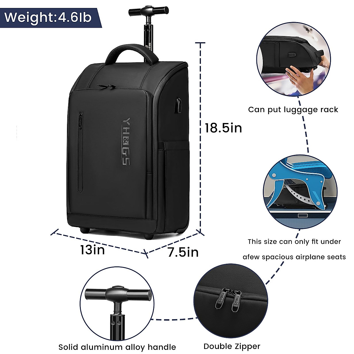GOTECH Rolling Backpack, Waterproof Backpack with Wheels for Business College Student Commuter, Carry on Backpack with Laptop Compartment, Fit 15.6/17 Inch Laptop, Wheeled Backpack for Adults