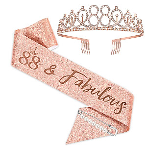 BRT Bearingshui 88th Birthday Tiara and Sash for Woman, Rose Gold Crown for Fabulous 88th Birthday Party Favor Supplies