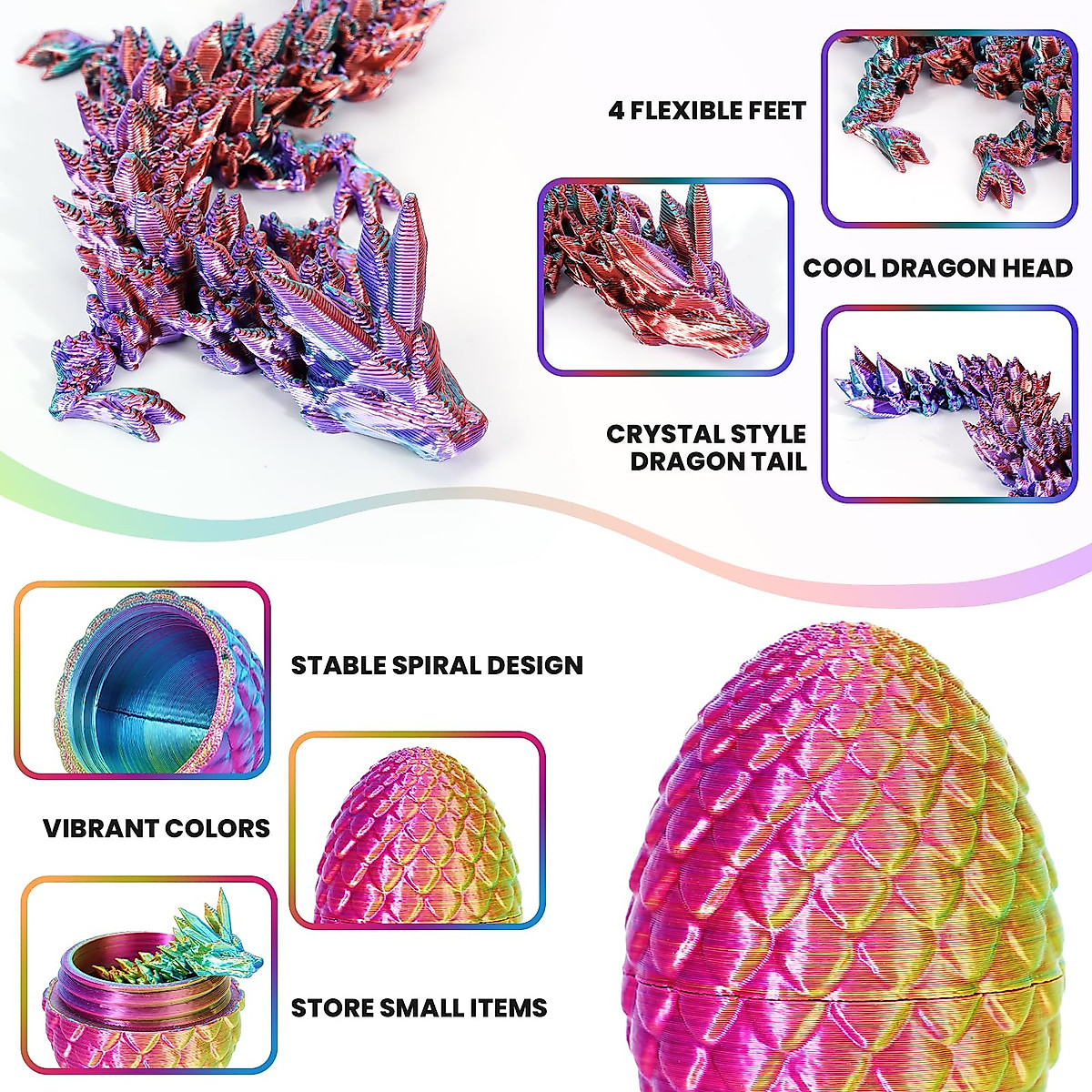 YILCER 4PCS 3D Printed Dragon Eggs with Dragon Inside Easter Basket Essentials Prefilled Easter Eggs with Toys Mini Easter Basket Stuffers Mystery Dragon Egg Fidget Toy 3D Printed Animals Toy