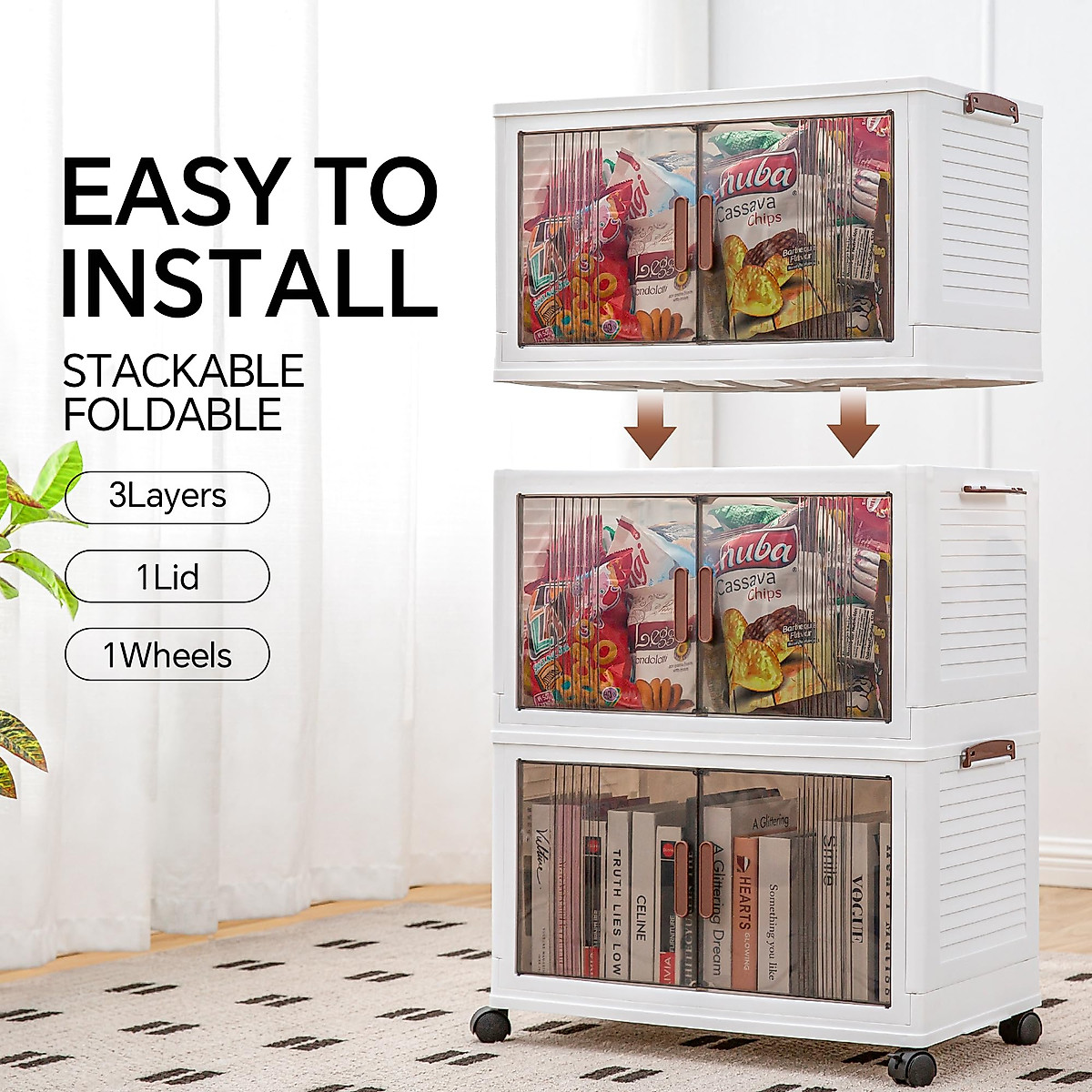 Homeforce Collapsible Storage Bins with Lids 3 Pack 17 Gal Each, Stackable and Foldable Storage Boxes with Doors & Wheels, Large Closet Organizers and Storage Cabinet, Suitable for kids over 6