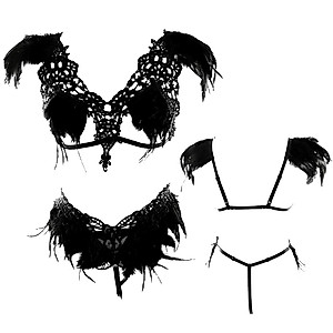 PETMHS Women Harness Feather Epaulette Bralette Strappy Full Body Frame Set Festival Rave Halloween Burning Man Wing (Black)