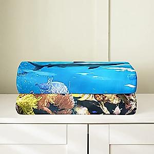 Erosebridal Sea Turtle Throw Blanket All Season,Shark Fleece Blanket Throw 50x60,Ocean Animals Fishes Fuzzy Blanket Sofa Bed Couch Decor,Tortoise Coastal Tropical Fish Fuzzy Blanket Lightweight