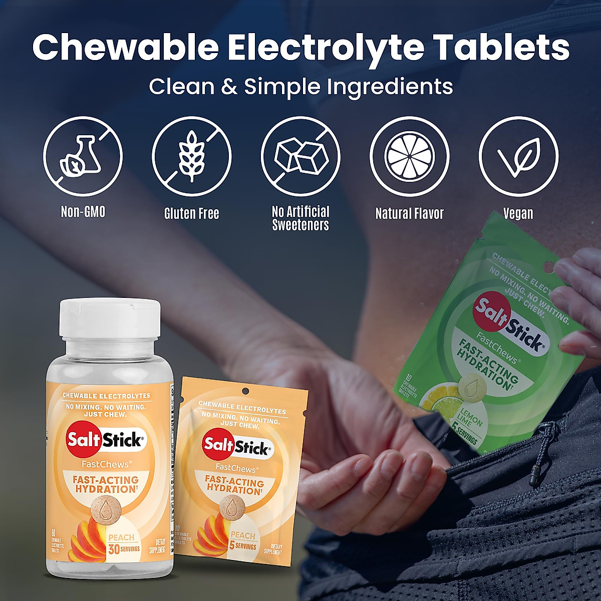 SaltStick Electrolyte FastChews - 60 Peach Chewable Electrolyte Tablets - Salt Tablets for Runners, Sports Nutrition, Electrolyte Chews for Hydration