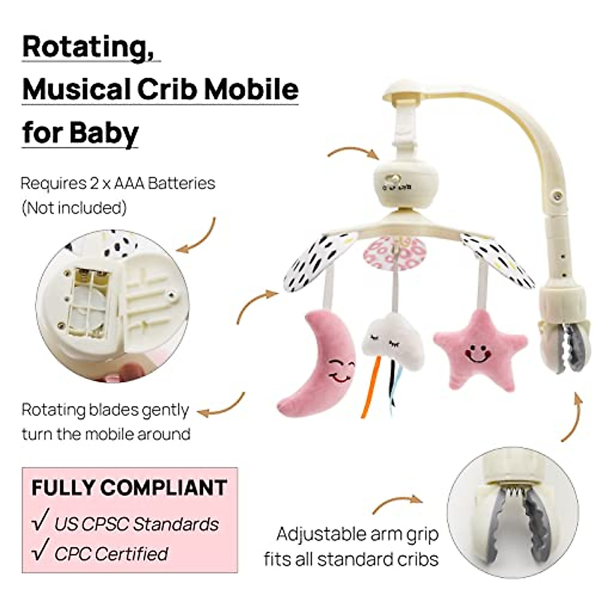 Duomilee Baby Mobile for Crib with Music, Baby Mobiles for Bassinet, Crib Mobile for Girls Length-Adjustable and Rotatable, Nursery Mobiles with Star and Moon for Newborn Aged 0-5 Months(Pink)