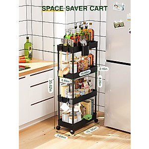 LEHOM Slim Rolling Storage Cart - 4 Tiers Bathroom Organizer Utility Cart Slide Out Storage Shelves Mobile Shelving Unit for Kitchen, Bedroom, Office, Laundry Room, Small Narrow Spaces Black