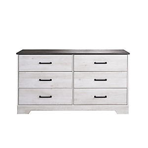Prepac Rustic Ridge Farmhouse 6-Drawer Chest of Drawers for Bedroom, Wooden Bedroom Drawer Dresser with 6 Storage Drawers, 18.25in x 53.25in x 28.5in, Washed White, ADBR-1606-1