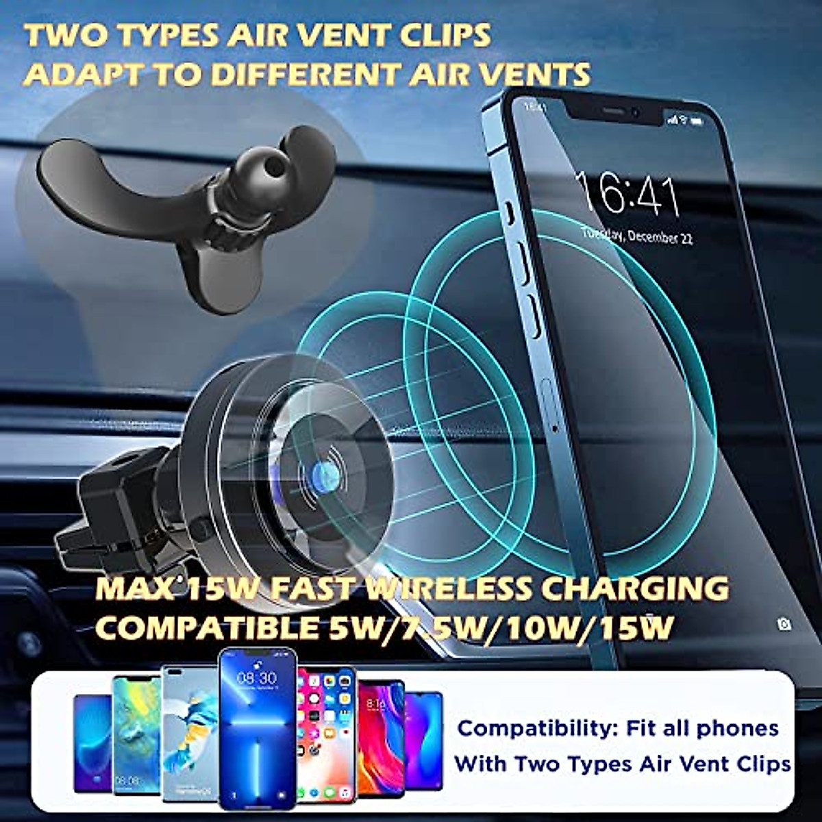 Unee Wireless Car Charger, Auto Air Suction Fast Charging Phone Mount Car Air Vent Cell Phone Holder Compatible iPhone/Android/Samsung/Pad/Ebook (Black)