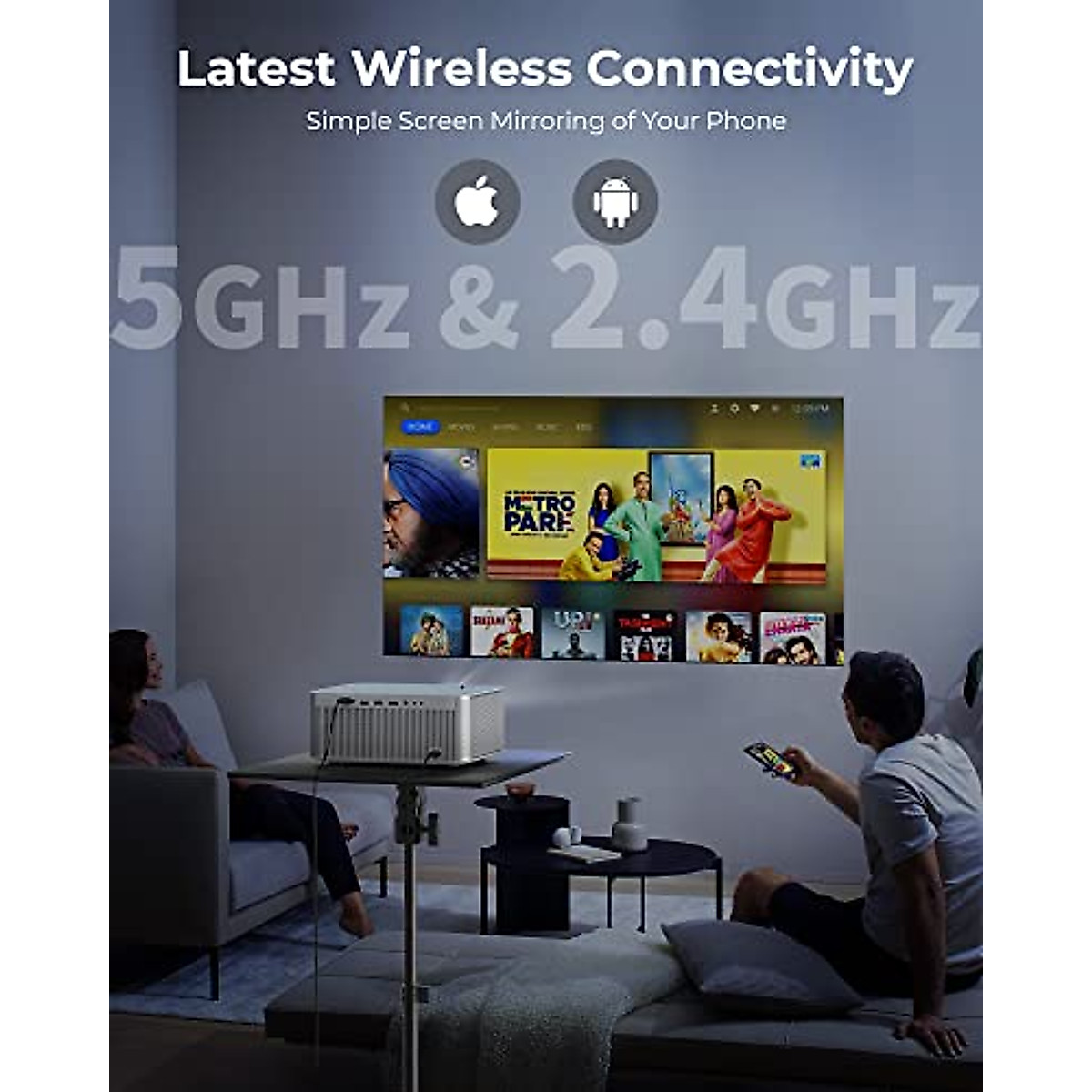 Projector with WiFi and Bluetooth, TURBOAMP 5G Native 1080P Movie Projector, 4K Supported, 300 ANSI lm 200" Display Home Movie Theater Projector, Compatible w/TV Stick/Phone/PC/PS5