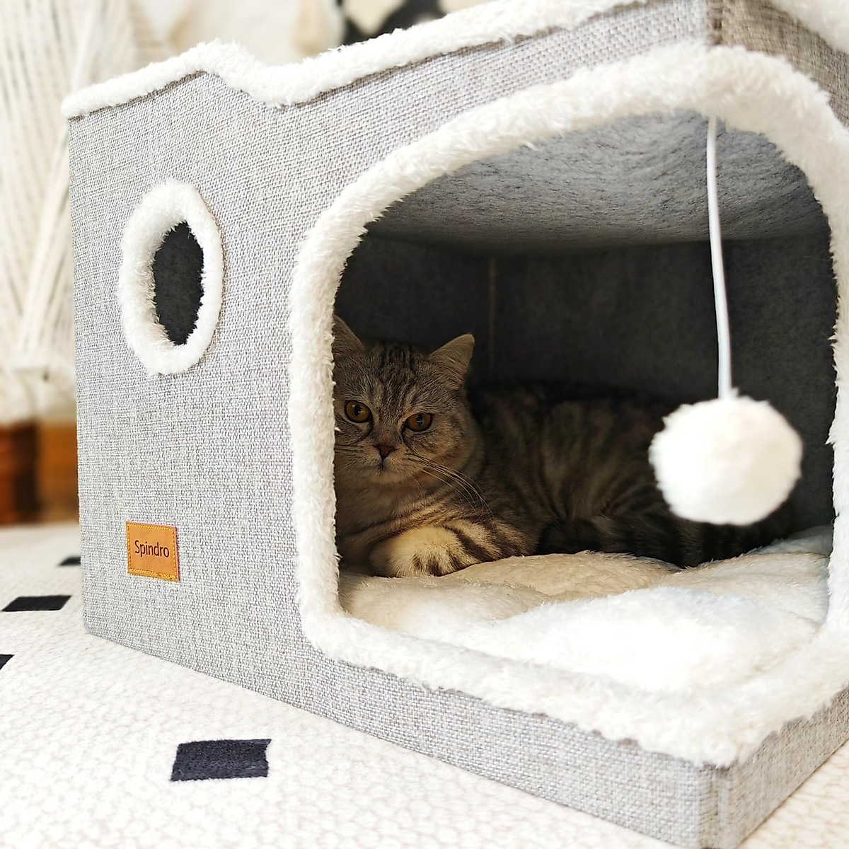 Spindro Large Cat Bed for Indoor Cats, Foldable Adult Cat Cave Anti Anxiety Cat House Cube with Scratch Pad Cat Towers, Cute Kitten Condo Hideaway Hut with Soft Pillow Mat for 2 Pets Under 30 lbs