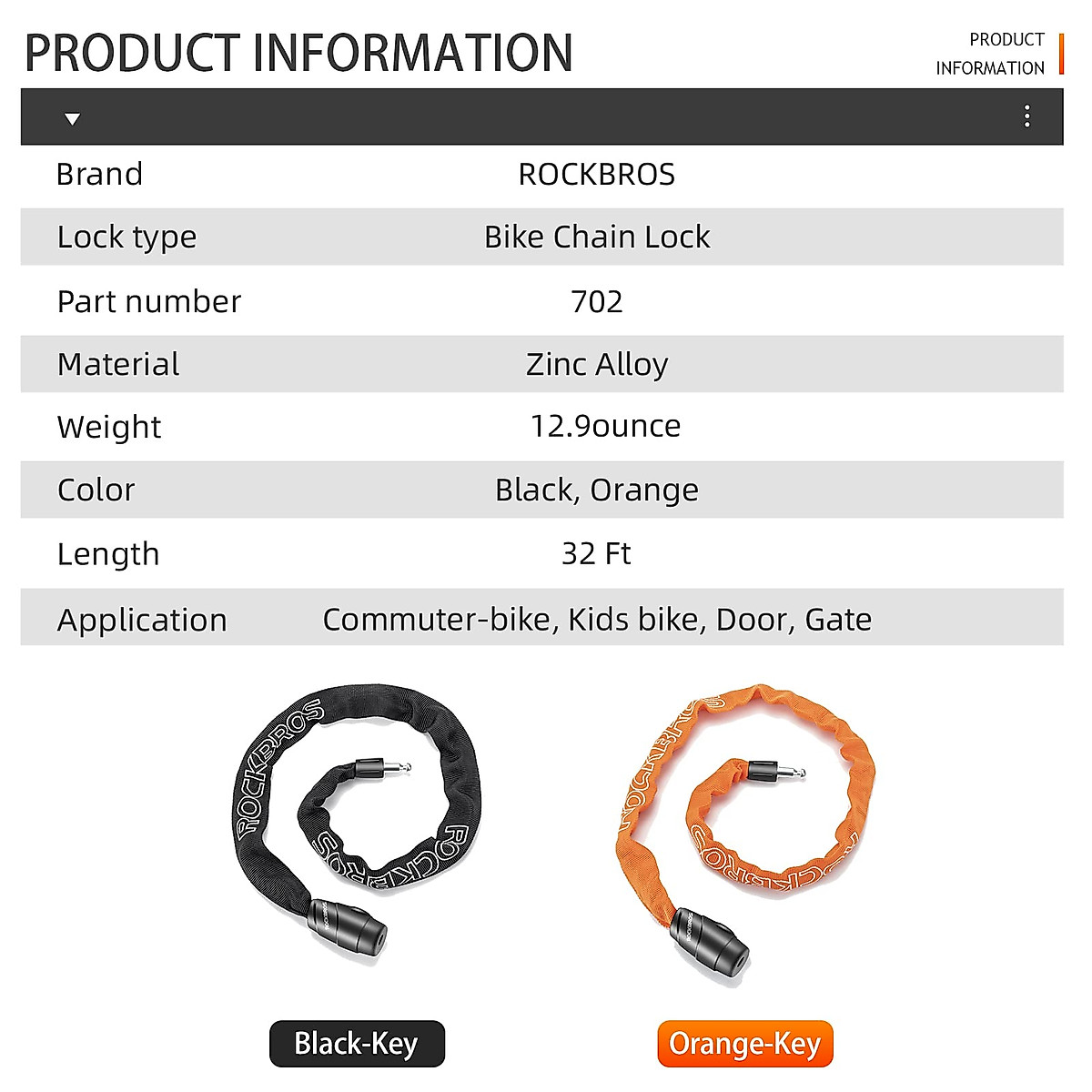 ROCKBROS Bike Lock Chain Bicycle Lock, Heavy Duty Anti Theft, 3 Ft Long, 5mm Thick Bike Chain Lock with Key Set, Cut Proof Security Scooter Lock Commuter Lock for Door, Gate, Fence, Grill