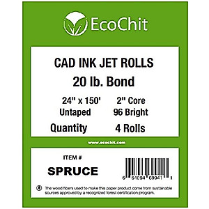 EcoChit 24" x 150' Plotter Paper Rolls 92 Bright 20lb 2" Core, 4 rolls - Every Case Plants Two Trees