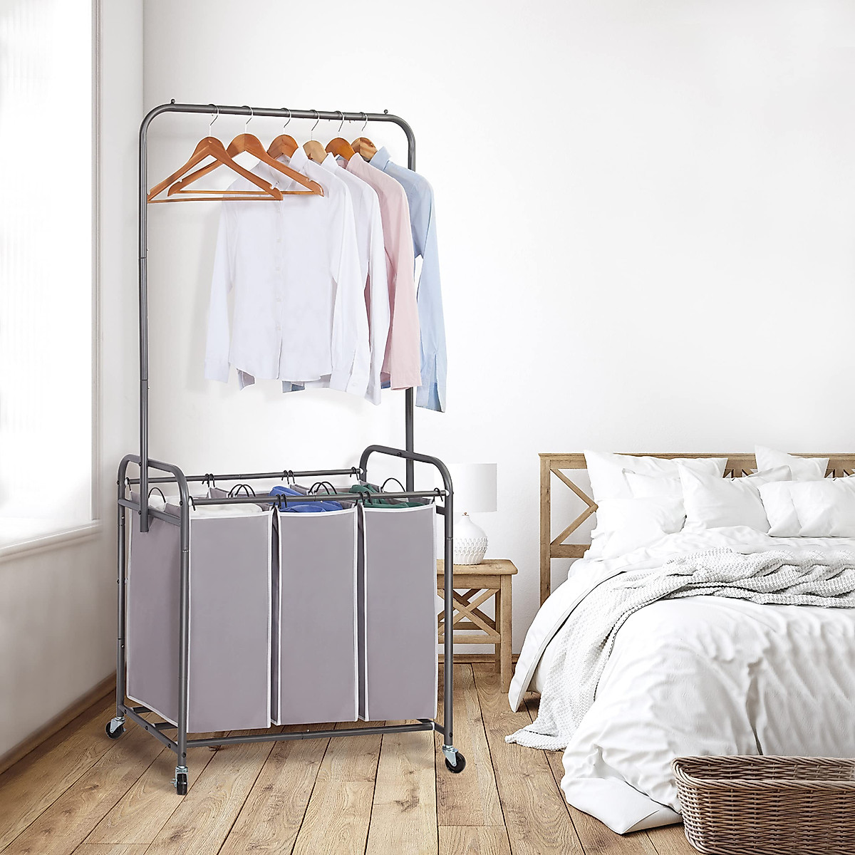 STORAGE MANIAC 136L Laundry Sorter with Hanging Bar, Portable, Removable Laundry Hamper Cart with Heavy Duty Rolling Lockable Wheels and Removable Bags, Rolling Laundry Basket Organizer, 3 Section