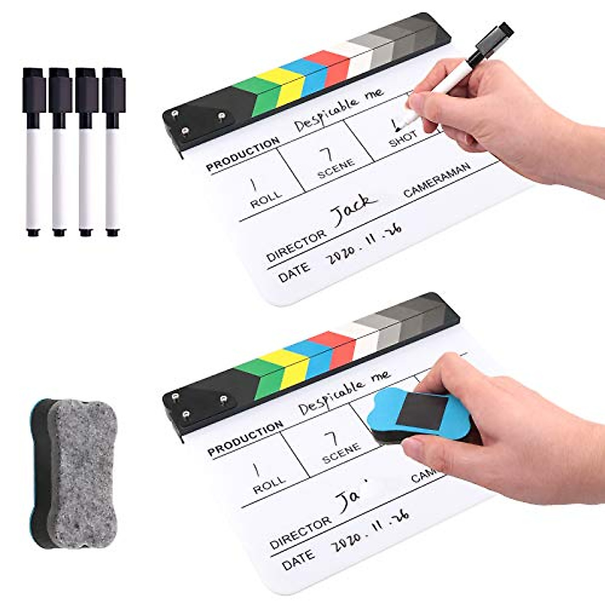 Rustark Movie Film Clap Board, Acrylic 10"x12" Acrylic Dry Erase Director Clapboard, Professional Photography Studio Video TV Cut Action Scene Clapper Board with 5 Pcs Erasable Pen
