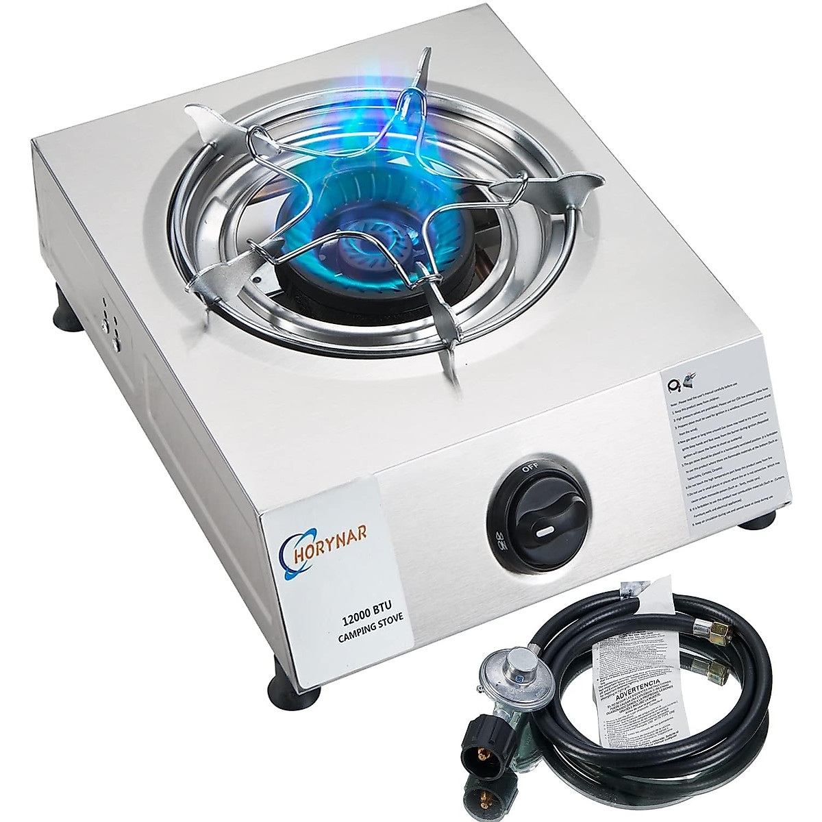 Horynar Propane Stove Single Burner Propane Stove 1 Burner 12000 BTU Propane Burner Camping Stove Propane with Propane Adapter Hose Portable Gas Stove One-piece Panel (silver)