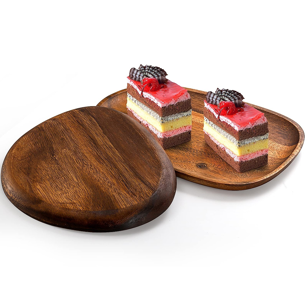 Okllen Set of 5 Acacia Wood Serving Platter and Trays, Irregular Oval Solid Wood Plates Serving Tray, Lightweight Wood Dinner Plates for Breakfast, Coffee, Tea, Snack, Plant, Housewarming Gift