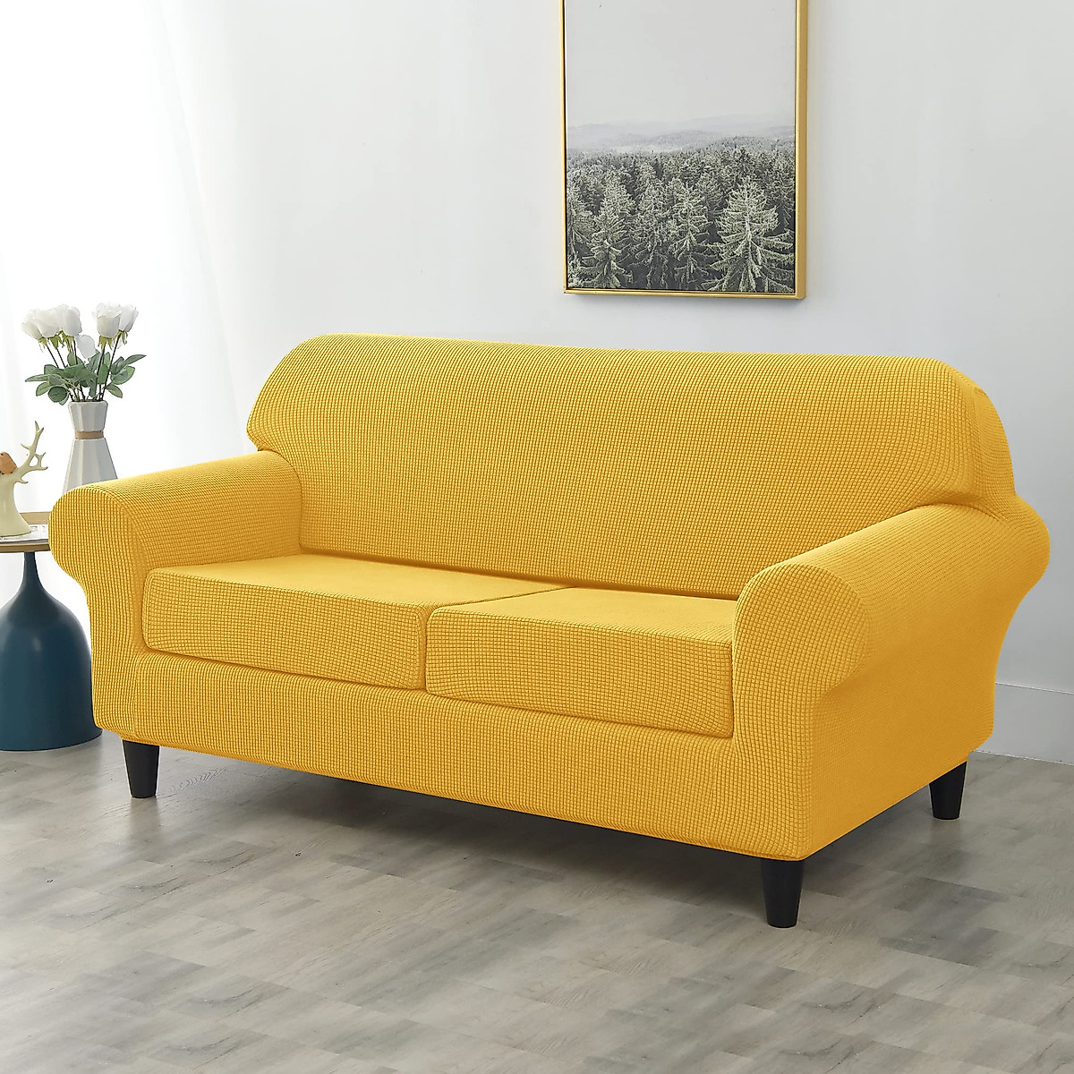 CONRUSER Stretch Sofa Slipcover, Soft Jacquard Sofa Covers for 2 Cushion Couch Washable Furniture Protector for Pets & Kids (Yellow, M)