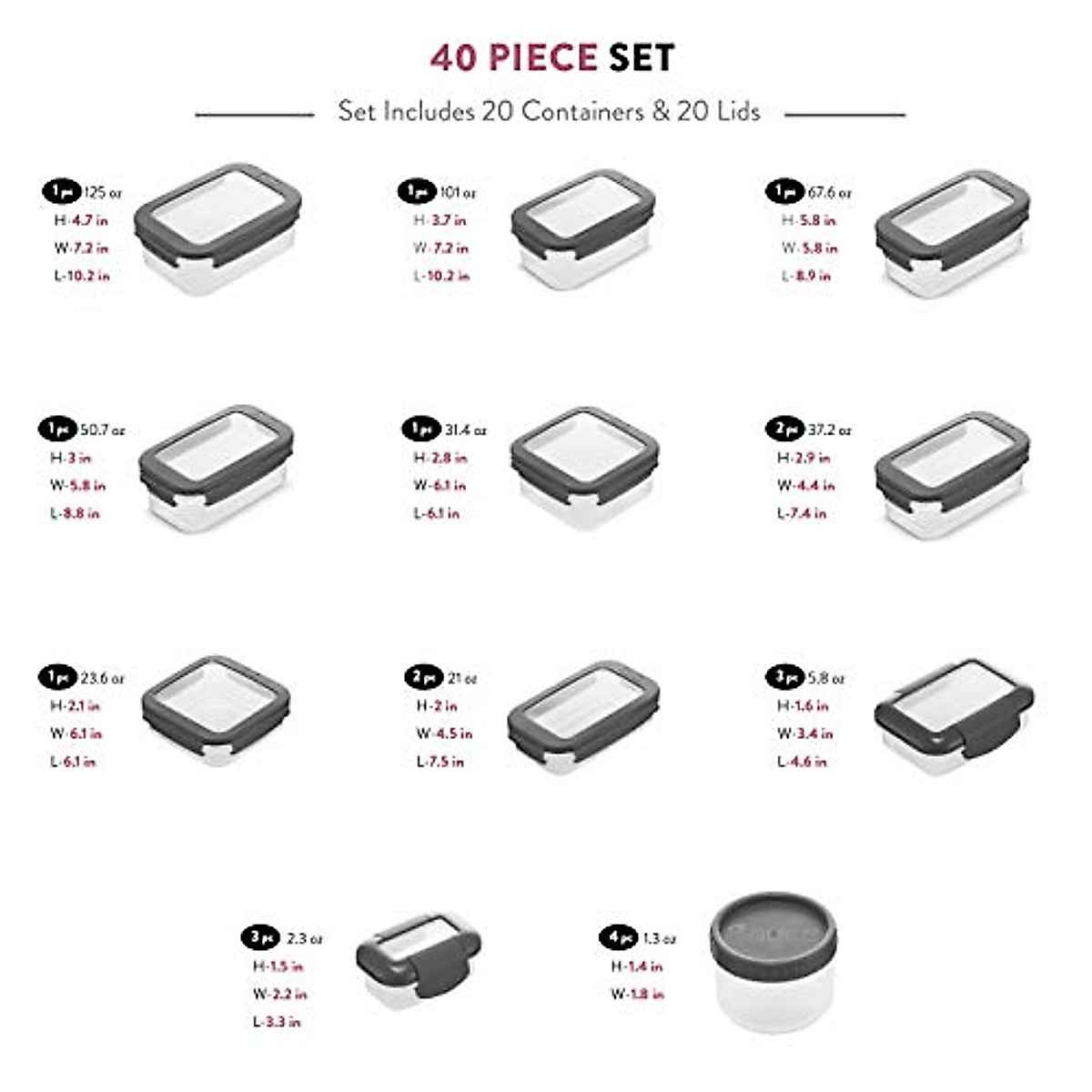 40-Piece Airtight Food-Storage Containers With Lids BPA-Free Durable Plastic Food-Containers Set - 100% Leakproof Guaranteed - Freezer, Microwave & Dishwasher-safe - Leftover, Meal Prep Etc (Gray)