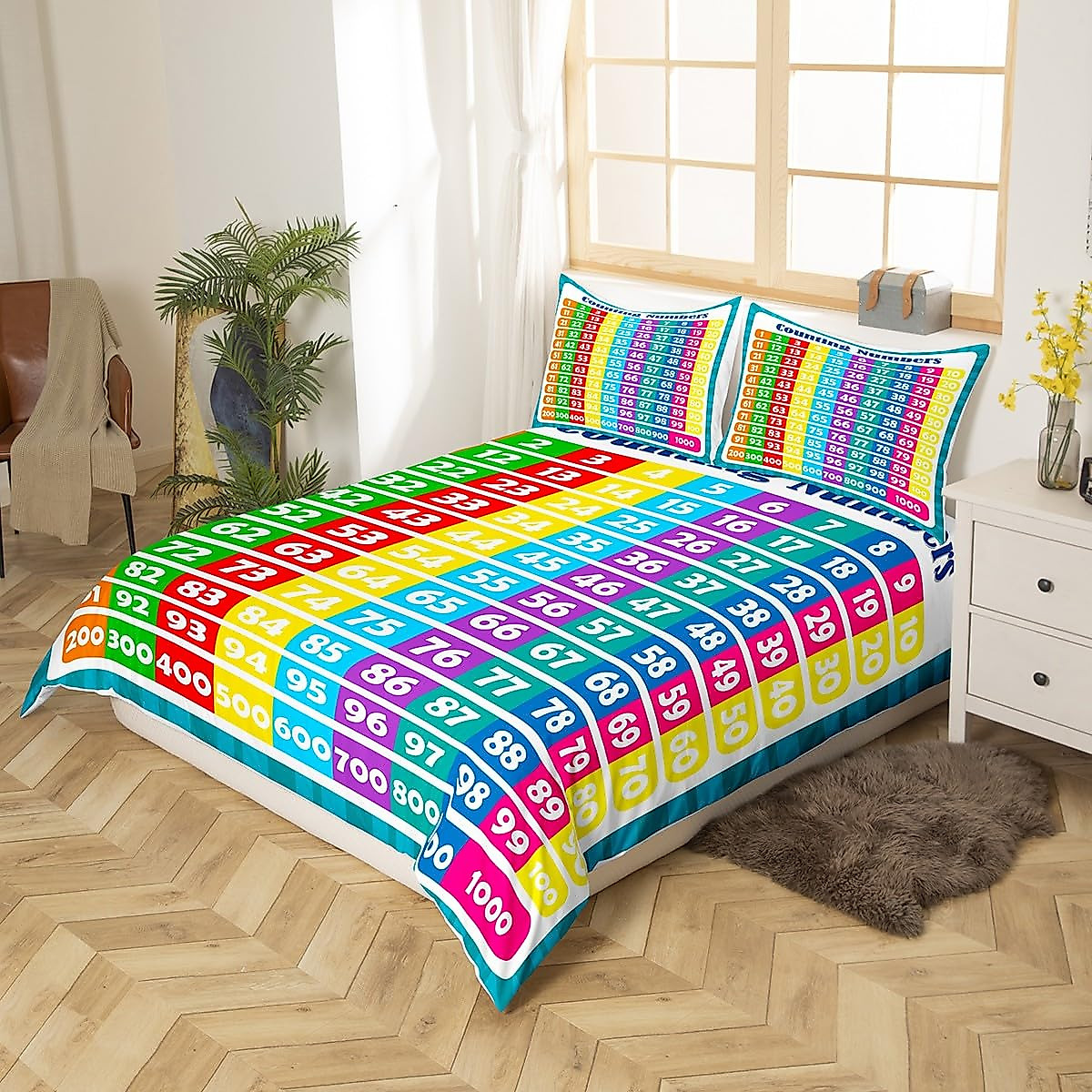 Feelyou Numbers Alphabet Duvet Cover Queen, Educational Learning Comforter Cover for Kids Boys Girls Numbers Bedding Set Learning Time Bedspread Cover Microfiber Bedclothes Zipper (No Comforter)