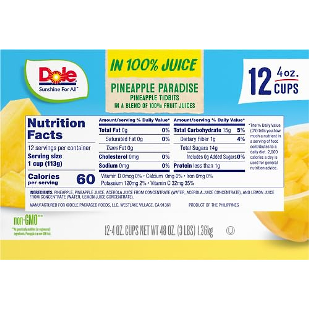 Dole Pineapple Paradise Pineapple Tidbits in a Blend of 100% Fruit Juices Snacks, 4oz 12 Total Cups, Gluten & Dairy Free, Bulk Lunch Snacks for Kids & Adults