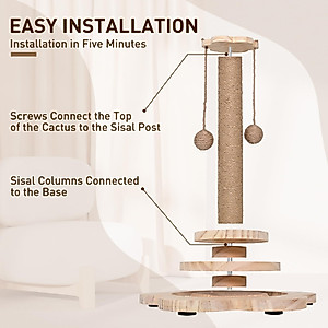 HivaolJoy Kitten Scratching Post - 4 in 1 Cat Scratching Post,19.69" Wooden Cat Scratch Post with 2 Level Cat Sisal Balls Interactive Cat Toy and 2 Sisal Hanging Balls for Indoor Kittens, Adult Cats