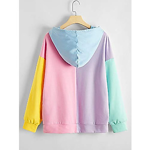 SweatyRocks Women's Cute Color Block Long Sleeve Pullover Hooded Sweatshirts Top Purple Pink S