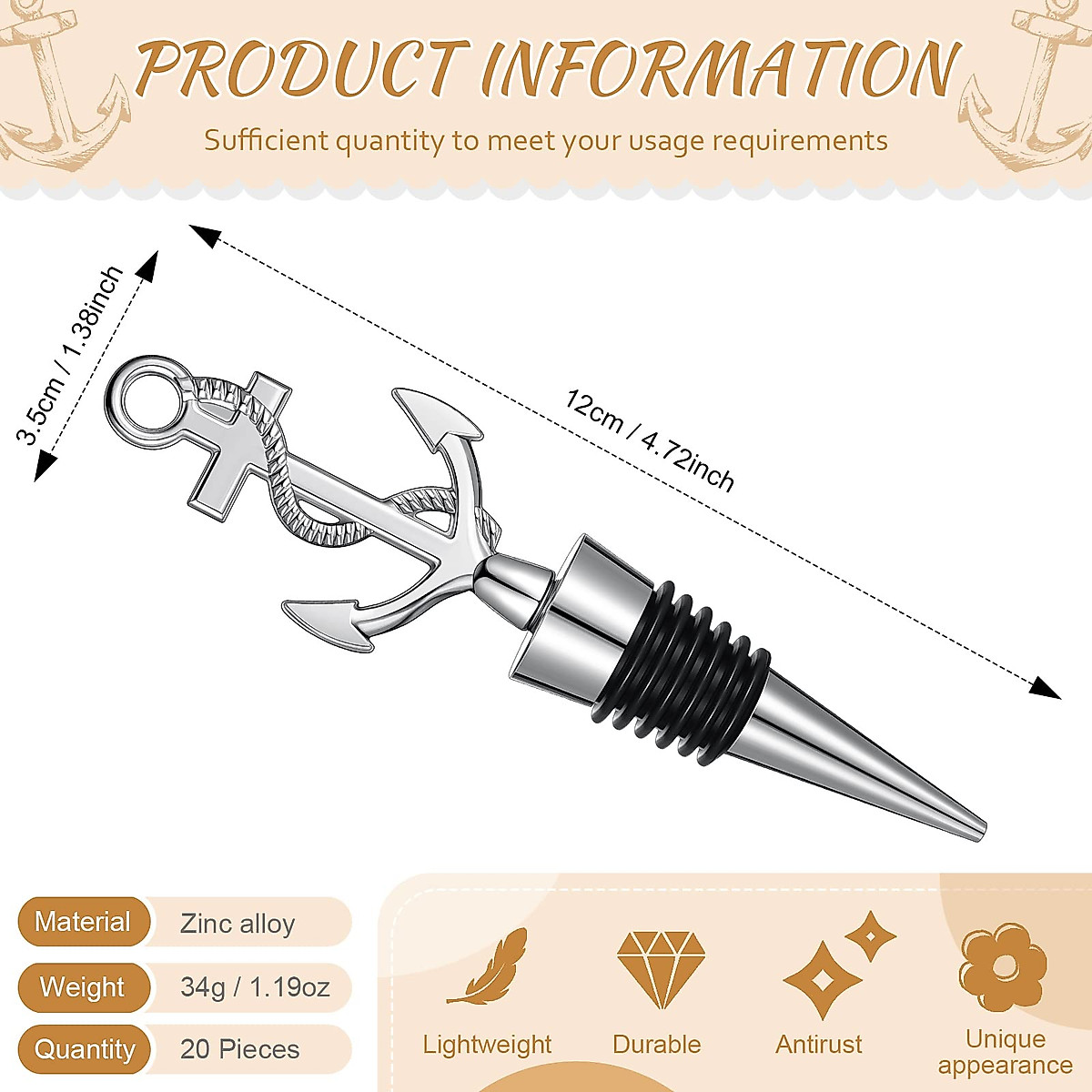 20 Pcs Anchor Wine Bottle Stopper Beach Themed Wine Stoppers Nautical Wine Gifts Nautical Wedding Favor Anchor Vacuum Red Wine Preservation Stopper for Party Shower Holiday Birthday, Silver