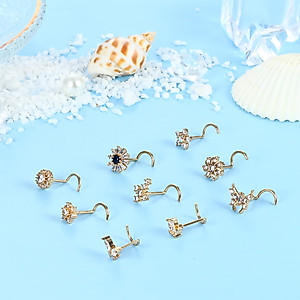 Ubjuliwa 9Pcs 20G Stainless Steel Nose Rings Gold Retainer Bone Screw Nose Studs for Women Men Cubic Zirconia Moon Star Flower Butterfly Nose Piercing Jewelry