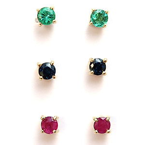 14k White Gold Round 4 Prong Genuine Emerald Stud Earrings
