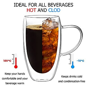 E-Greetshopping 16 oz Double Wall Glass Coffee Mugs,Insulated Layer Coffee Cups with Handles,Cappuccino Latte Macchiato Glasses Cups, Heat Resistant for Hot Drinks Tea Milk Juice Ice Cream(Set of 2)
