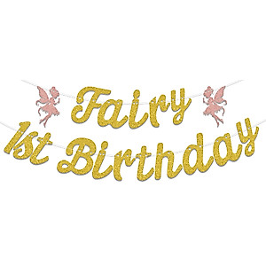 Fairy 1st Birthday Banner, Cute Fairies 1st Birthday Party Decorations, Flower Fairy Girl Happy First Birthday Anniversary Baby Shower Party Supplies Gold Rose Gold
