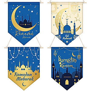 4 Pcs Ramadan Kareem Hanging Door Sign, Eid Mubarak Decorative Ramadan Canvas Sign Party Decorations Welcome Banner for Ramadan Kareem Eid Mubarak Home Door Decor Party Supplies, 14.96 x 11.02 Inch