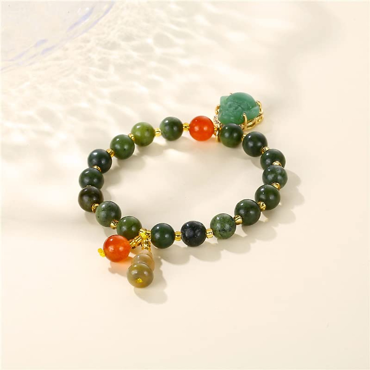 Fuqimanman2020 Laughing Buddha Pendant Stretch Bracelet Jade Natural Stone Beaded Strand Cubic Zirconia Crystal Elastic Lucky Gemstone Amulet Protection Jewelry for Women Men-B