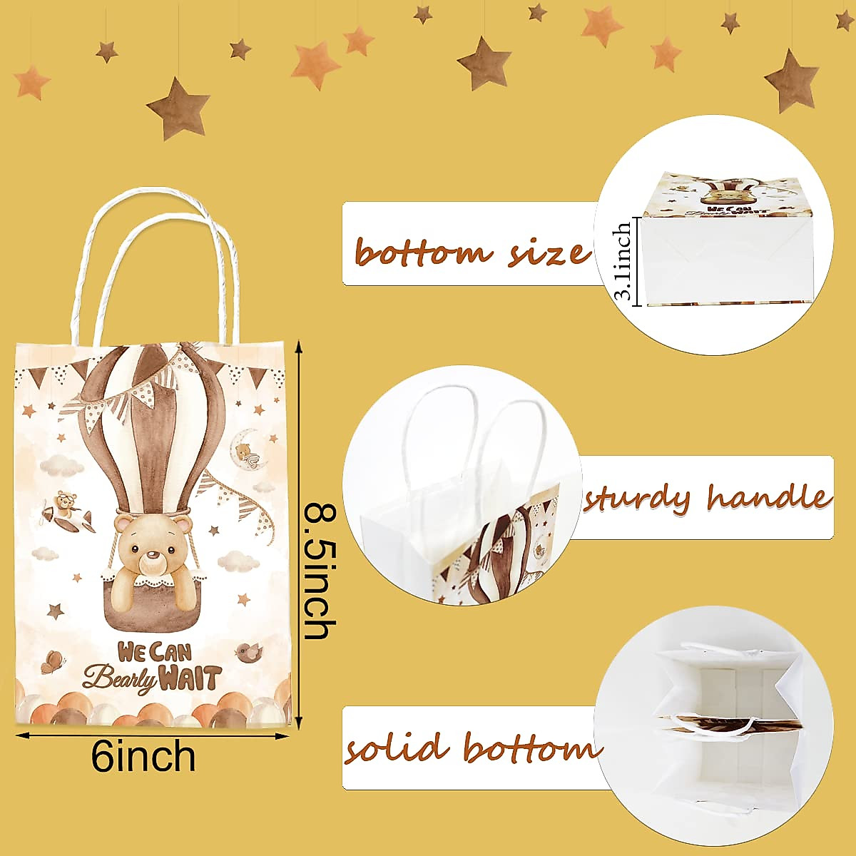 GREHUMOR Bear Baby Shower Decorations -Neutral Bear Baby Shower Paper Bags We Can Bearly Wait Gift Bags with Handles Thank You Gift Bags