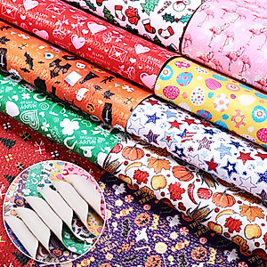 Weewooday 18 Pieces Christmas Faux Leather Sheets Thanksgiving Halloween Fabric Sheets Synthetic Leather Sheets Holiday Faux Leather Sheets for DIY, 6.3 x 8.3 Inch