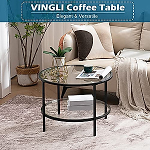 VINGLI Glass Coffee Table, 25.6" Round Coffee Table Black Coffee Tables for Living Room, 2-Tier Glass Top Coffee Table with Storage Clear Coffee Table, Simple & Modern Center Table for Small Space