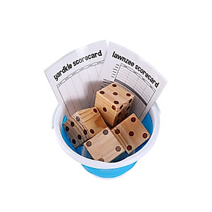 Giant Wooden Yard Dice Set for Lawn Games, Play Lawnzee or Yardkle, Includes Dice, Collapsible Bucket, Reusable Scorecards and Dry Erase Markers