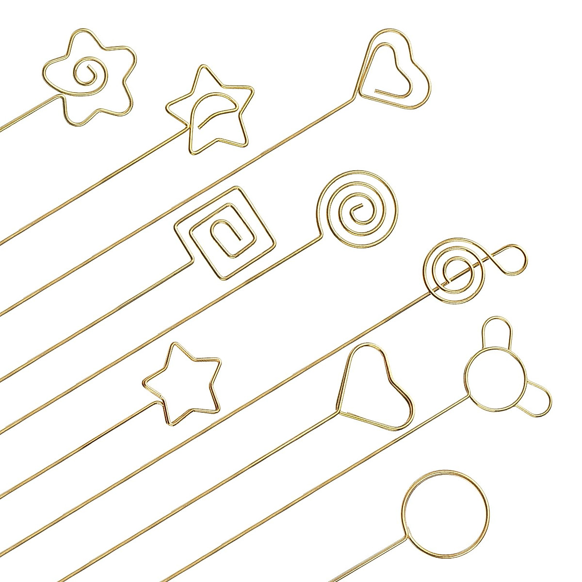 Mezchi 100 Pcs Metal Wire Floral Picks, 13 Inch Gold Place Card Holder Stand Picks, 10 Styles Wire Photo Menu Note Holder, Gift Card Holder for Wedding and Party Favor