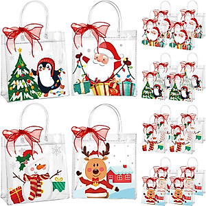 Henoyso 24 Pcs Christmas Clear Gift Bags Plastic Candy Treat Bags Snowman Santa Gift Bags with Handles and Ribbon PVC Gift Wrap Totes for Xmas Party Favors(7.8 x 7.8 x 3.1)