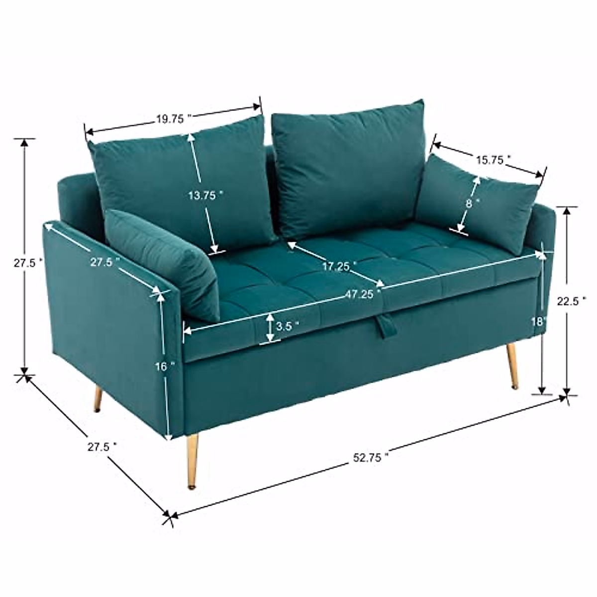 DM Furniture Mini Loveseat with Storage, Modern 53" Button Tufted Velvet Tiny Sofa Couches for Living Room/Bedroom/Office/End of Bed, Peacock Green